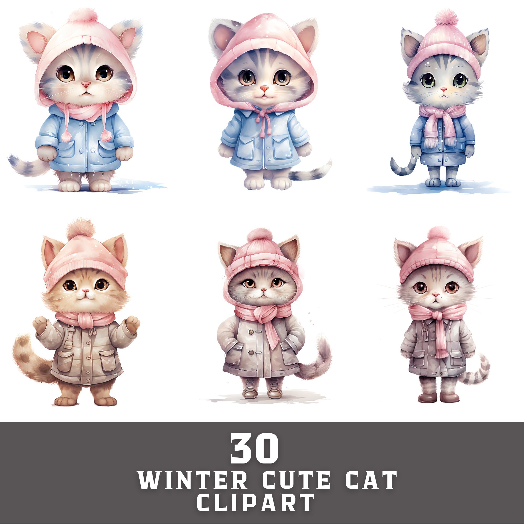 30 Png Watercolor Winter Cute Cat Clipart, Winter Graphics, Cute Cat ...