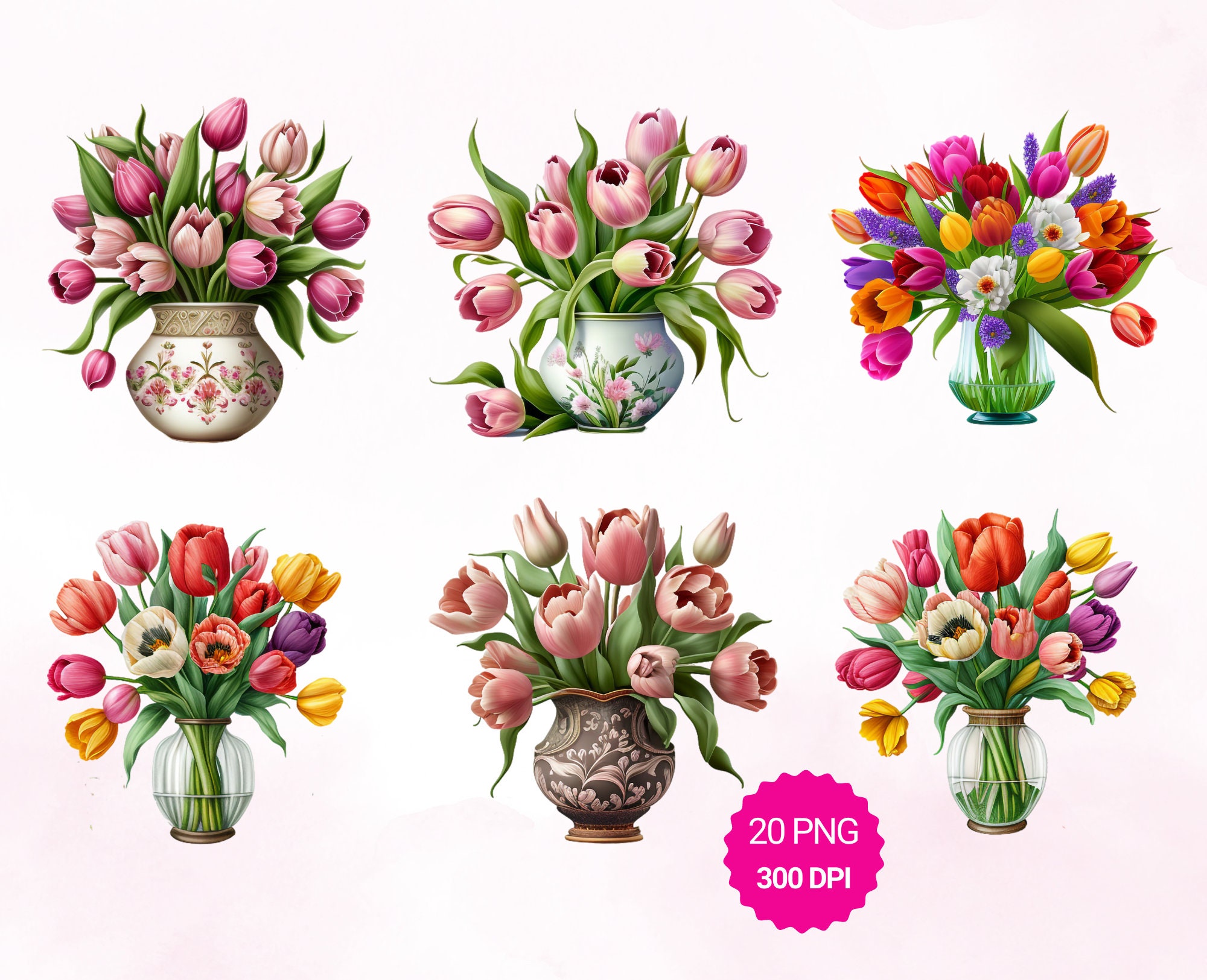 20 PNG Tulips Vase Watercolor Clipart Flower, Tulips Clipart Bundle ...