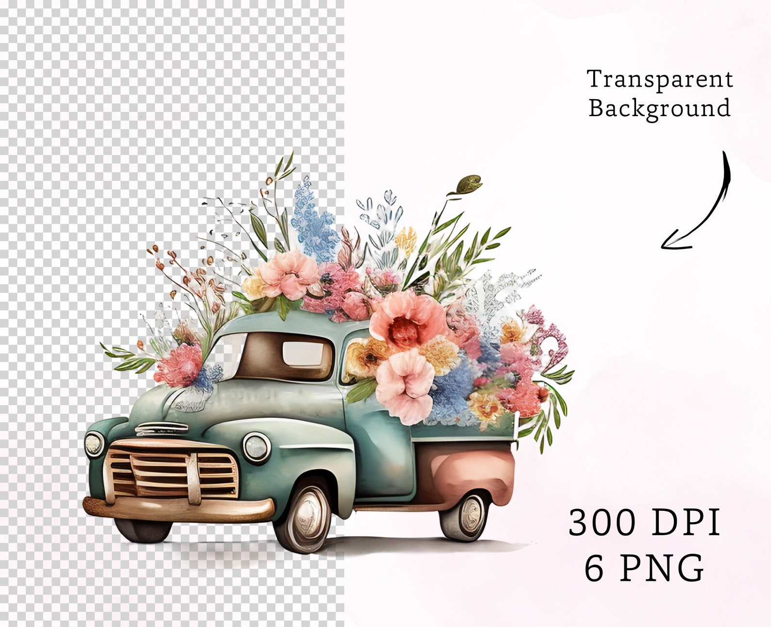 Watercolor Vintage Floral Car With Spring Flowers, Floral Truck ...