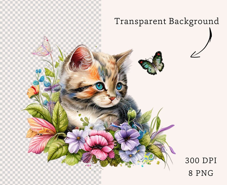Watercolour Fantasy Kitten Clipart Floral Cat Clipart - Etsy