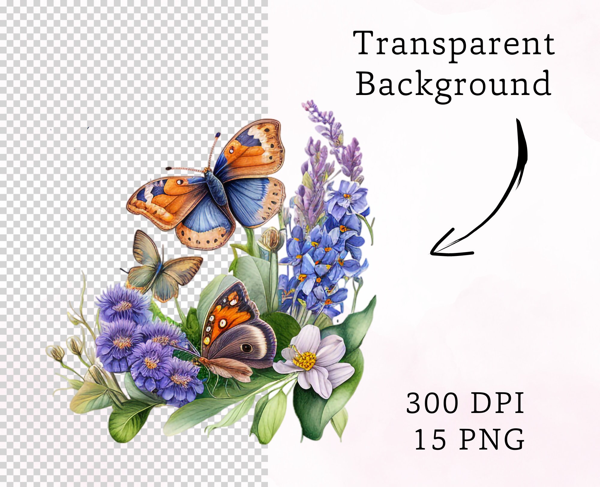 Watercolor Butterflies and Flowers Clipart Blue Butterflies - Etsy