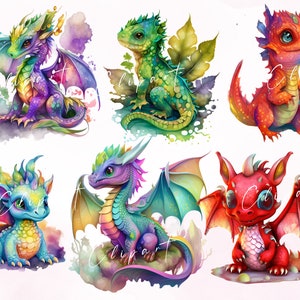 30 PNG Watercolour Colourful Fantasy Dragon Clipart, Magic Baby Dragons ...