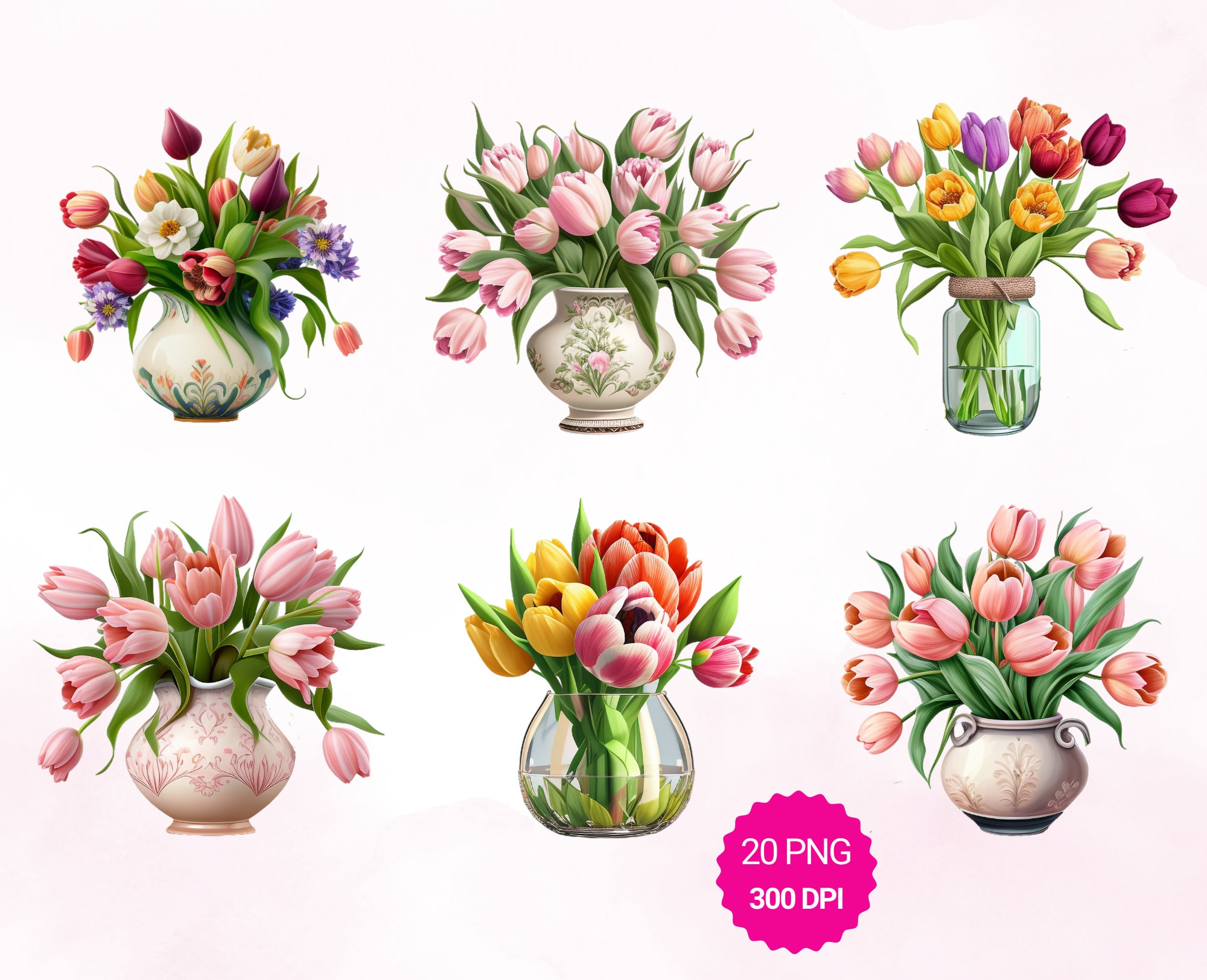20 PNG Tulips Vase Watercolor Clipart Flower, Tulips Clipart Bundle ...