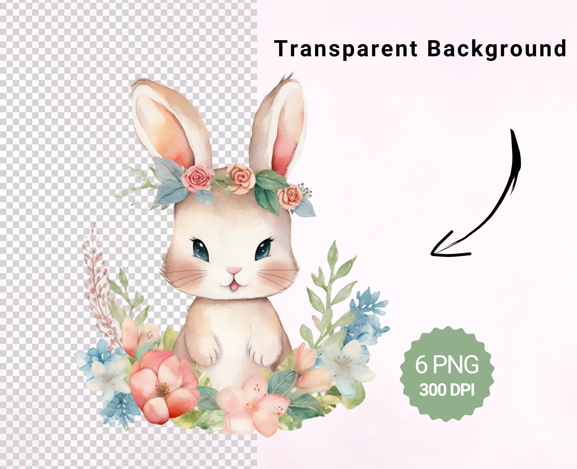 Rabbit Watercolor Clipart PNG, Bunnies With Flower Clipart, Commercial ...