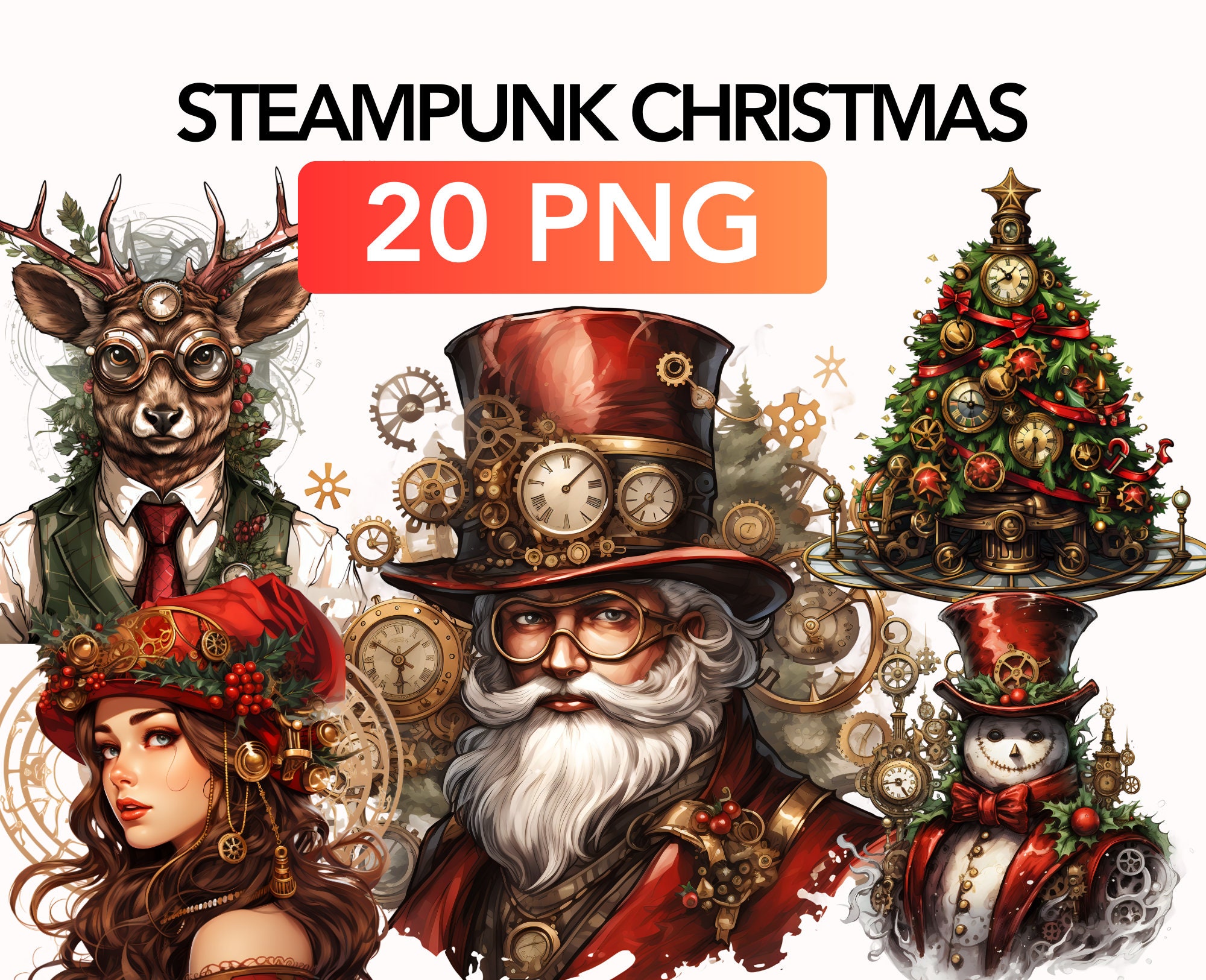 Steampunk Christmas Clipart Bundle, Steampunk PNG, Watercolor Steampunk ...