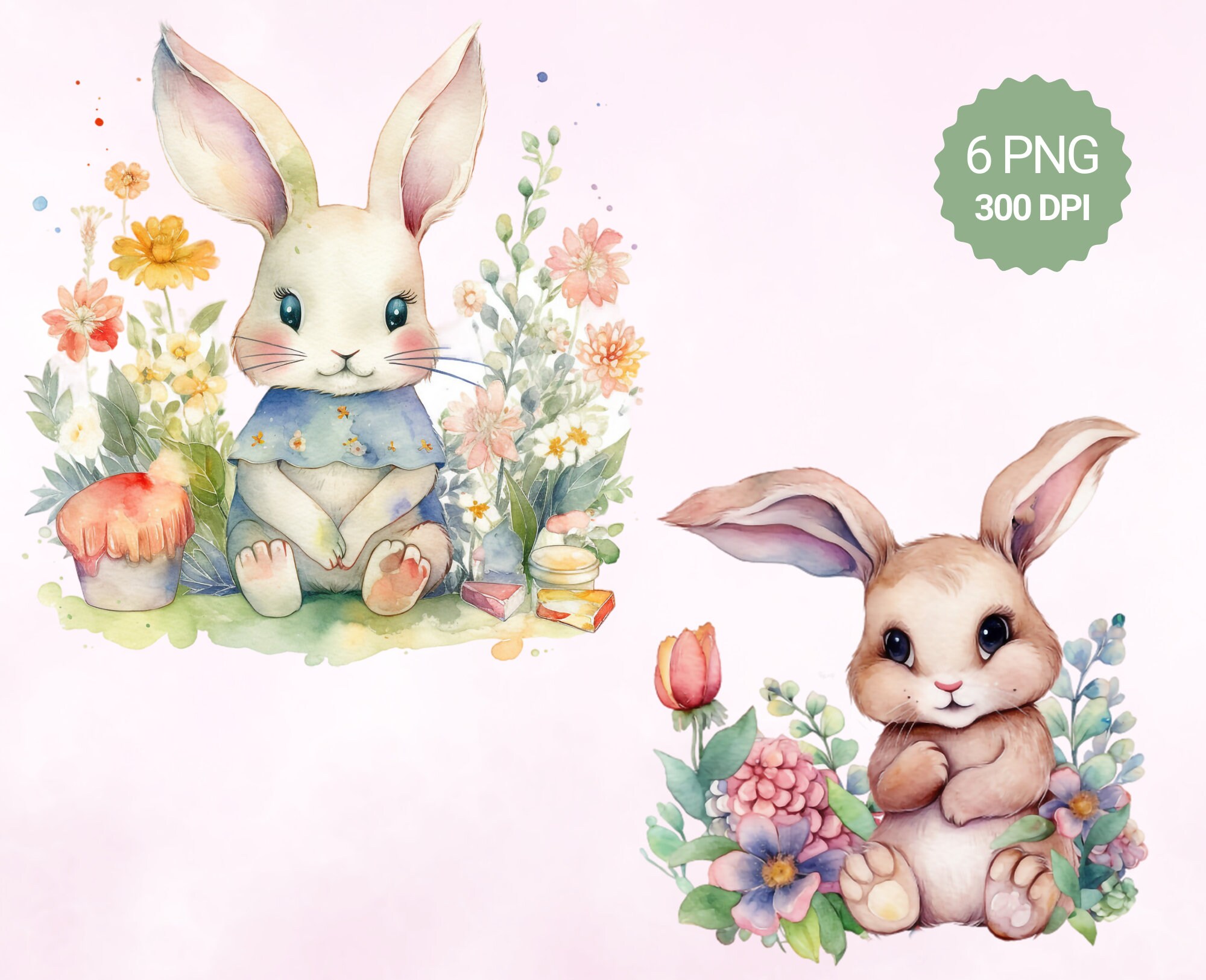 Rabbit Watercolor Clipart PNG, Bunnies With Flower Clipart, Commercial ...