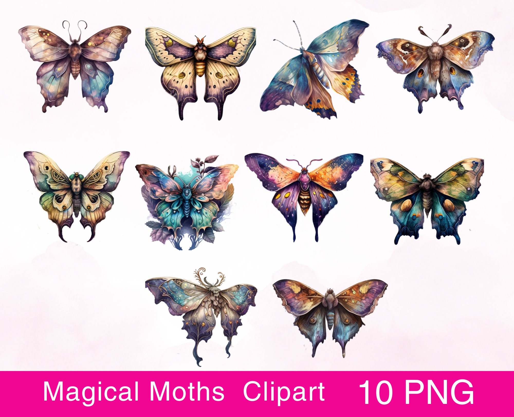Magical Moths Watercolor Clipart, Moths Fantasy Style, Magical Clipart ...