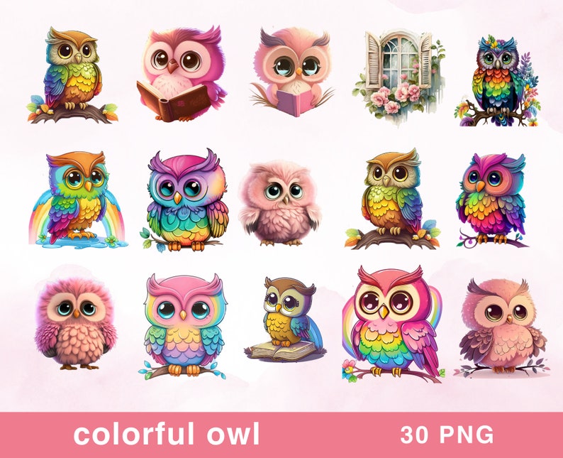 30 Png Colorful Cute Owl Clipart PNG Bright Owl Clipart PNG - Etsy