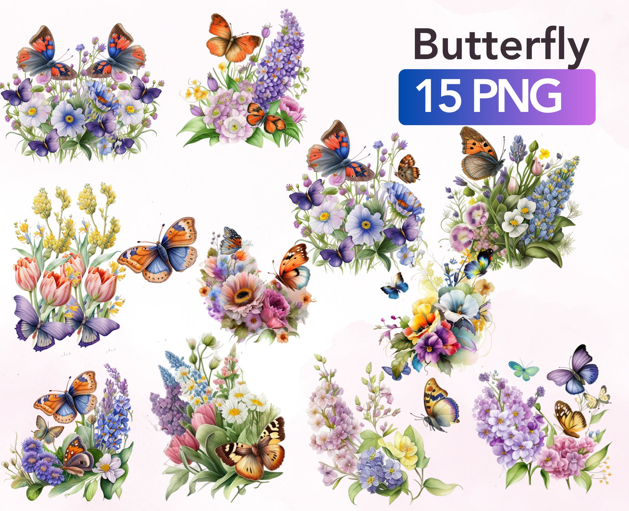 Watercolor Butterflies and Flowers Clipart Blue Butterflies - Etsy