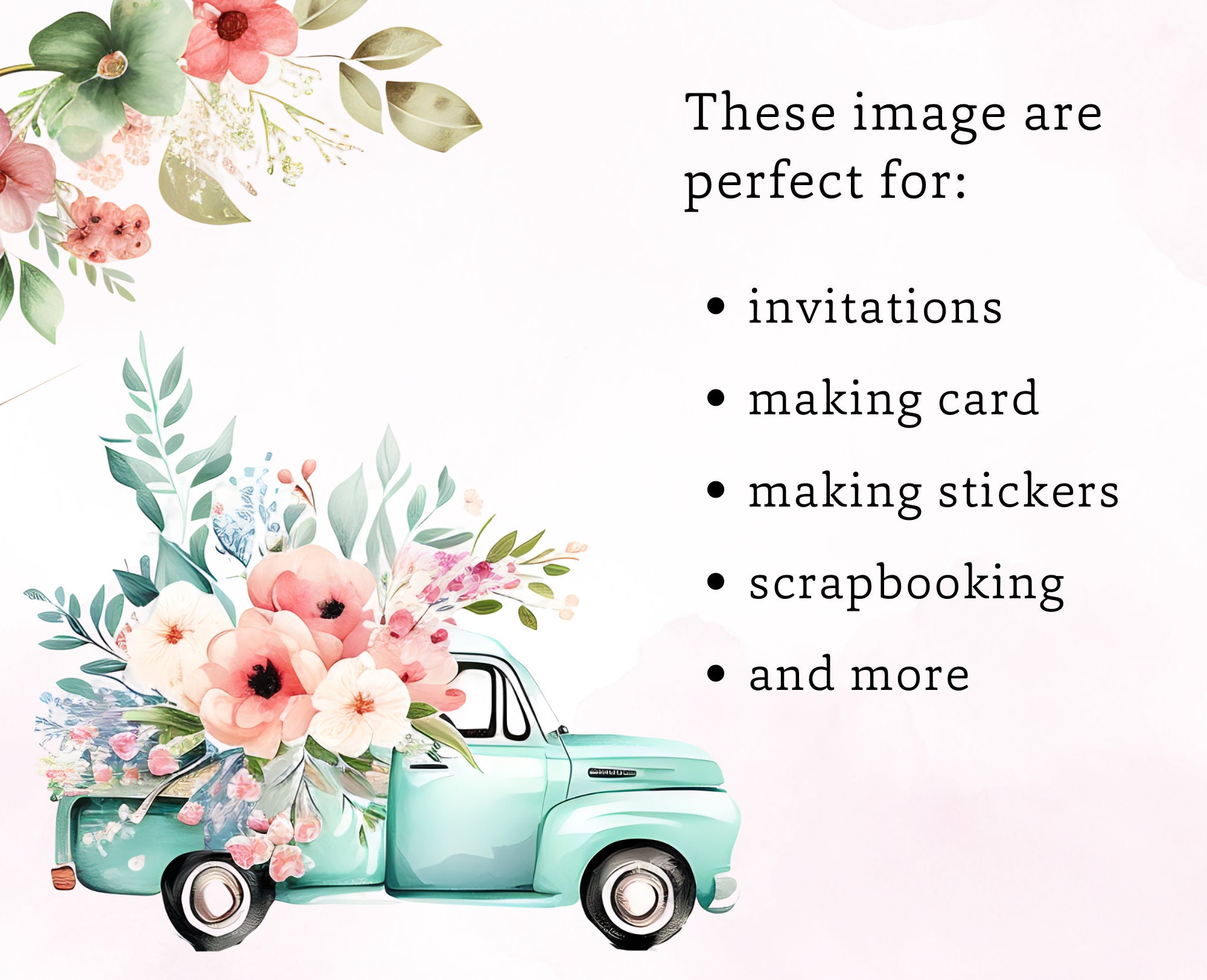 Watercolor Vintage Floral Car With Spring Flowers, Floral Truck ...