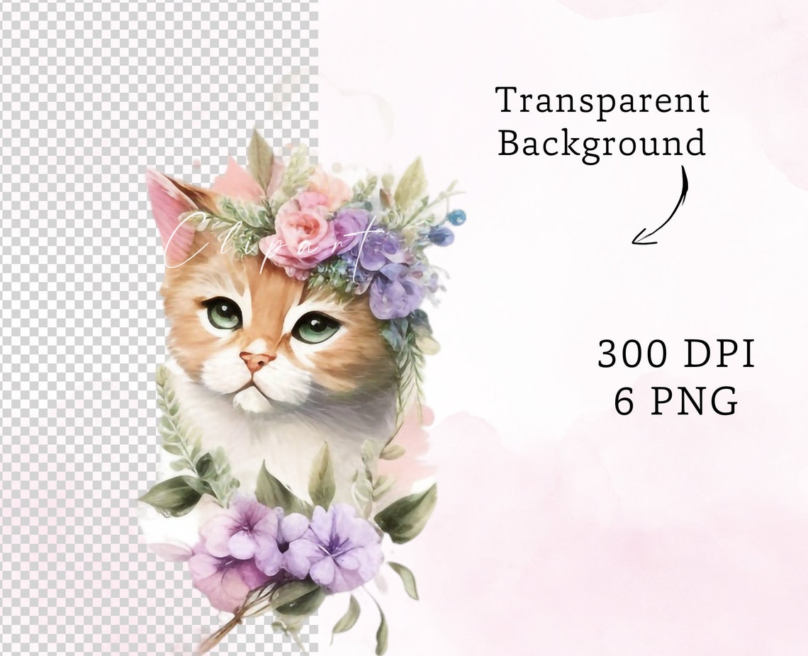 Watercolour Fantasy Kitten Clipart Floral Cat Clipart - Etsy