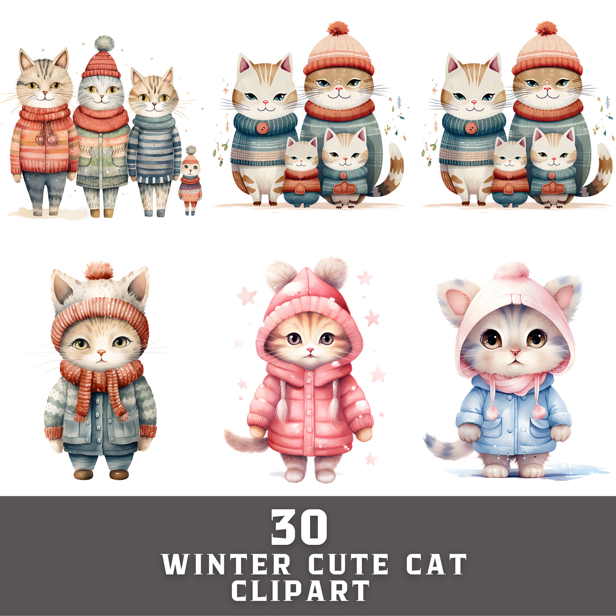 30 Png Watercolor Winter Cute Cat Clipart, Winter Graphics, Cute Cat ...
