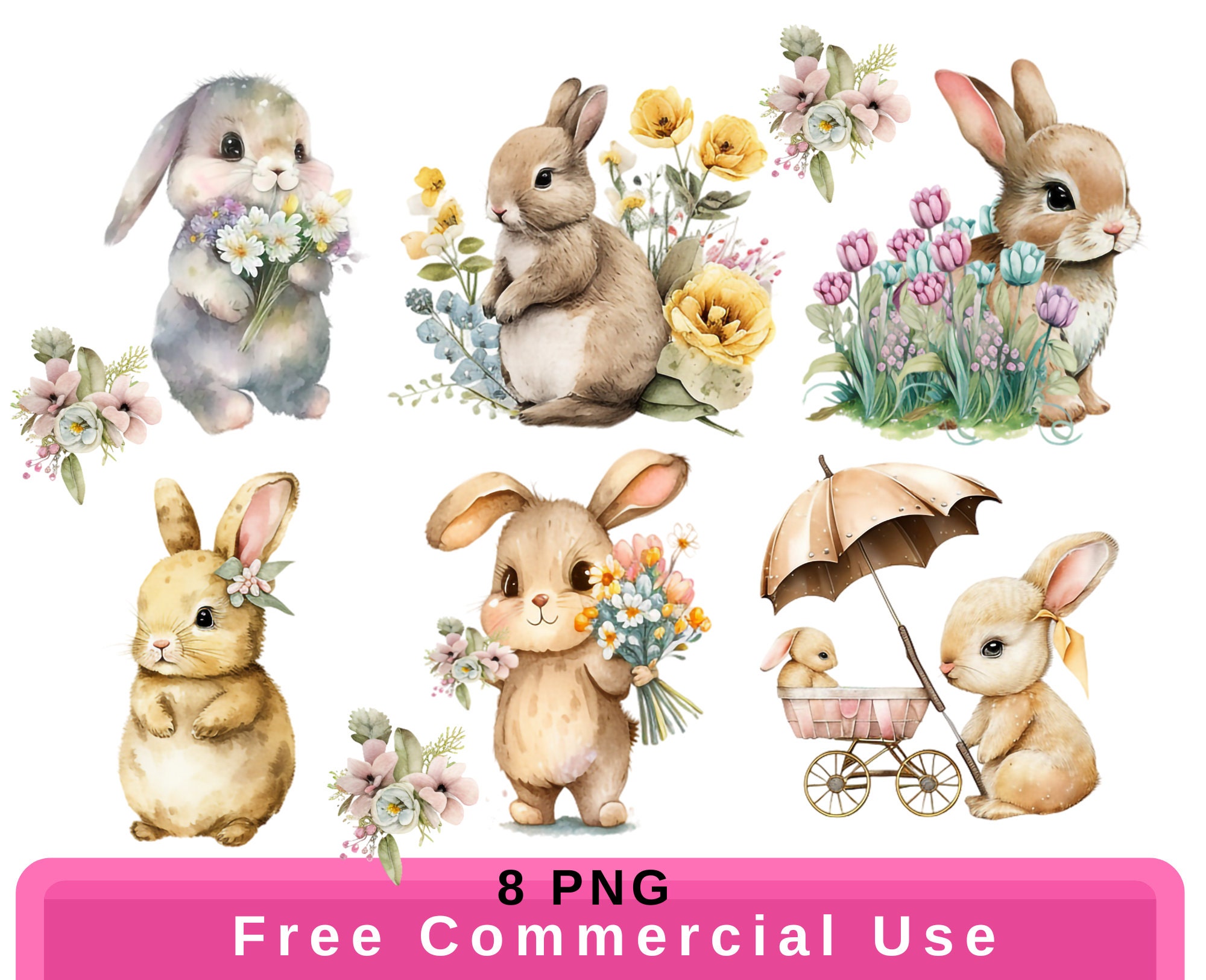 Watercolour Baby Bunny Clipart Bundle, Cute Brown, Easter Themed ...