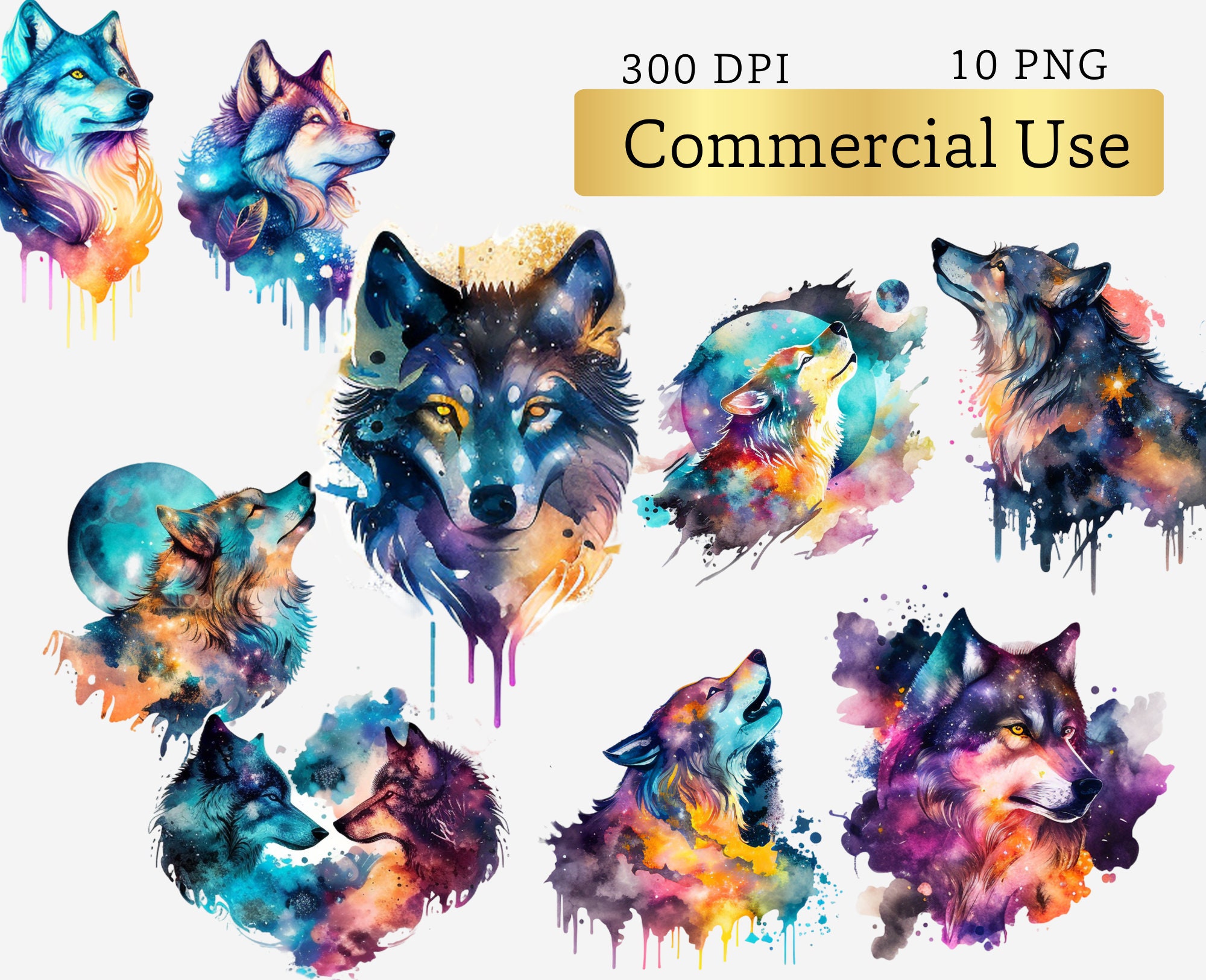 Watercolour Style Cosmic Wolves Clipart Bundle Animal - Etsy