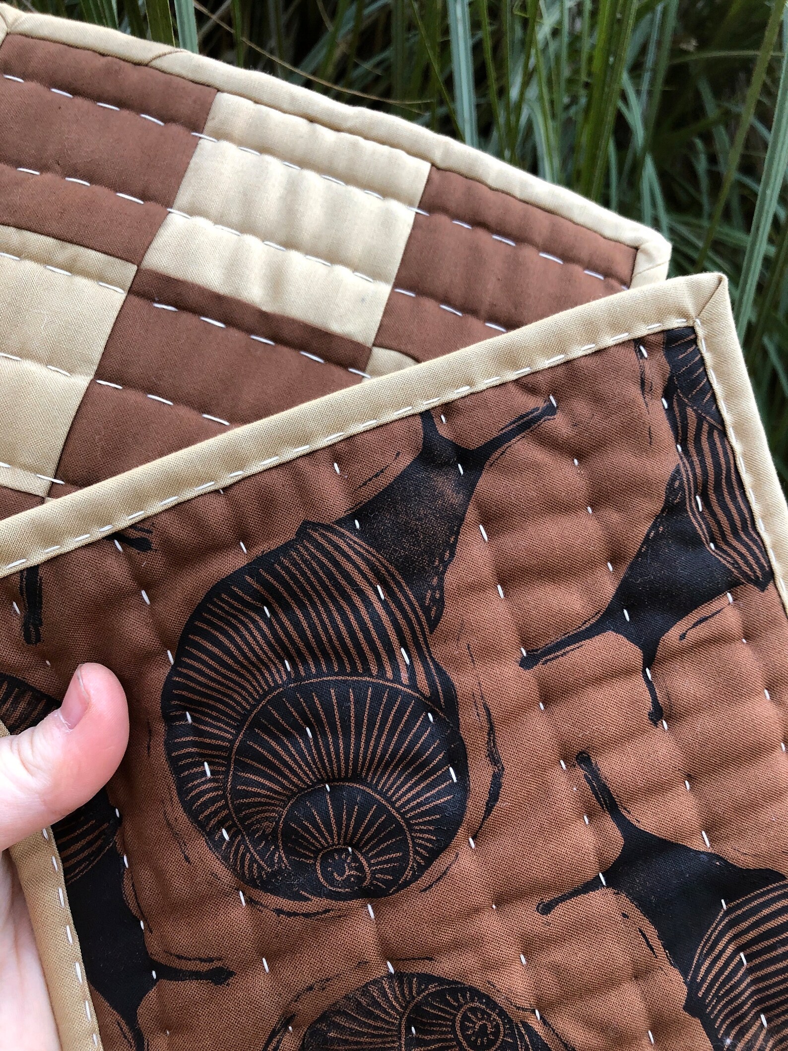 Nine Patch Potholder; Handmade, Hand Quilted- Snail Lino Print (brown ...