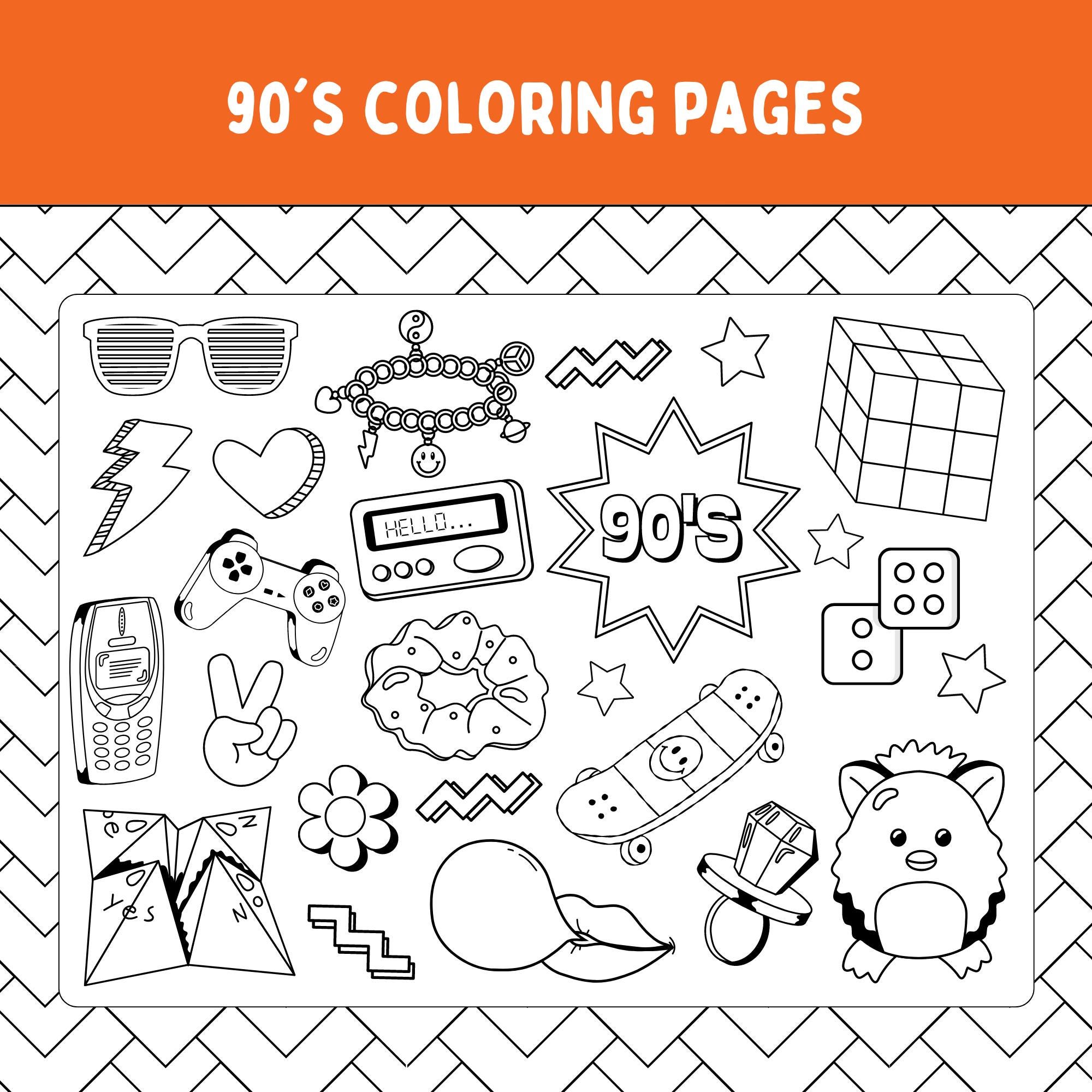 Nostalgic 90s Coloring Pages PDF Download, Retro Doodle Art Printables ...