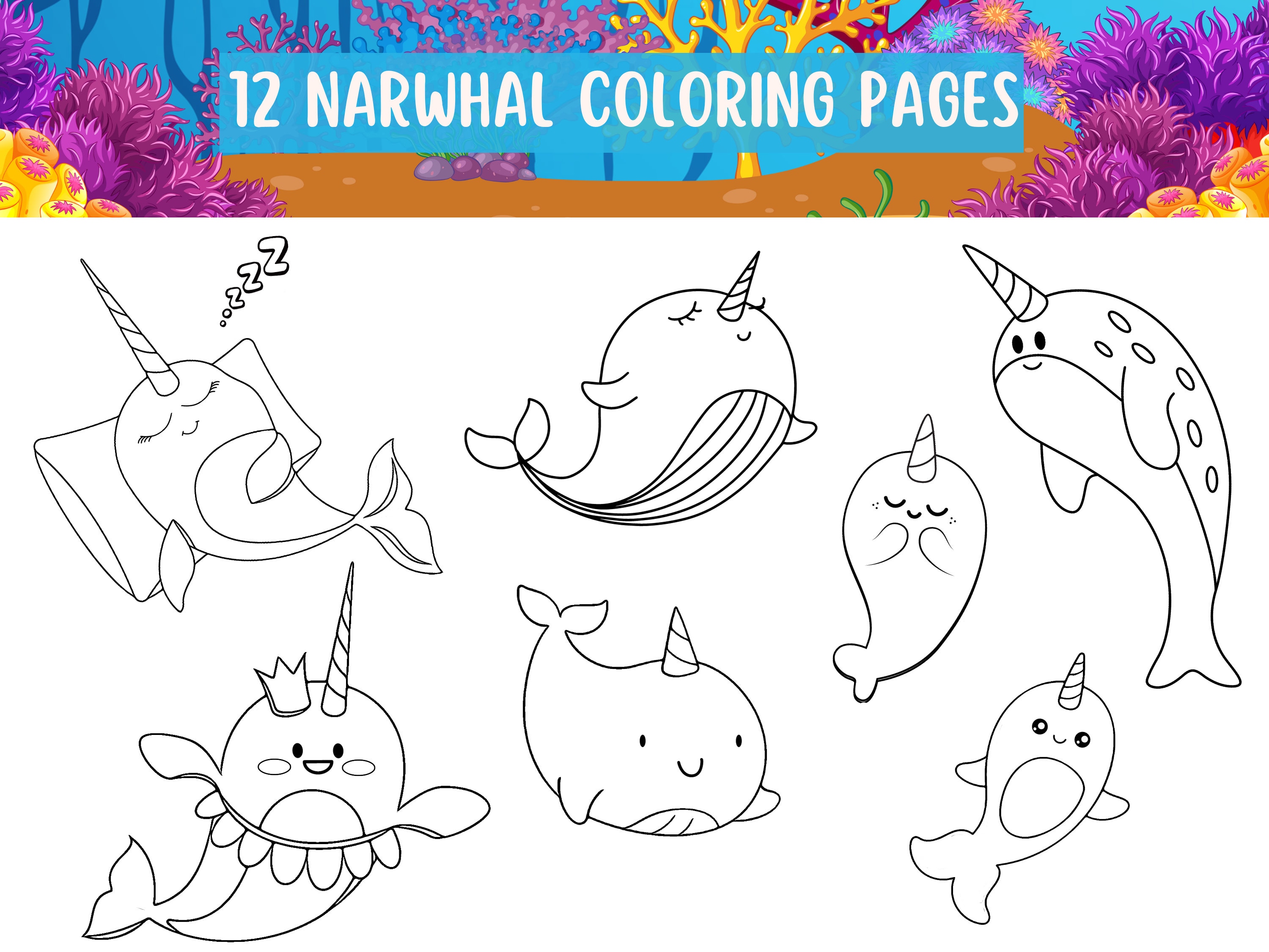 Narwhal Unicorn of the Sea Coloring Pages 12 Cute Printable - Etsy