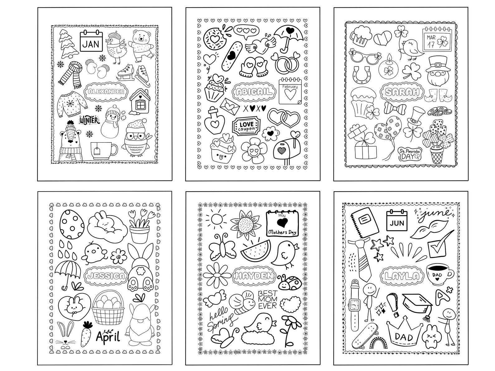 Personalized Monthly Doodles Coloring Pages: Custom Name (PDF) - Etsy