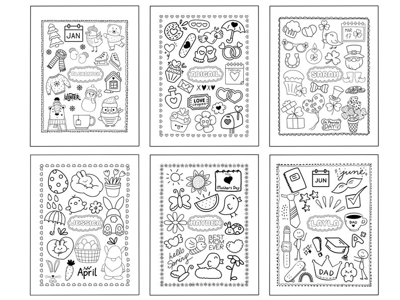 Personalized Monthly Doodles Coloring Pages: Custom Name (PDF) - Etsy