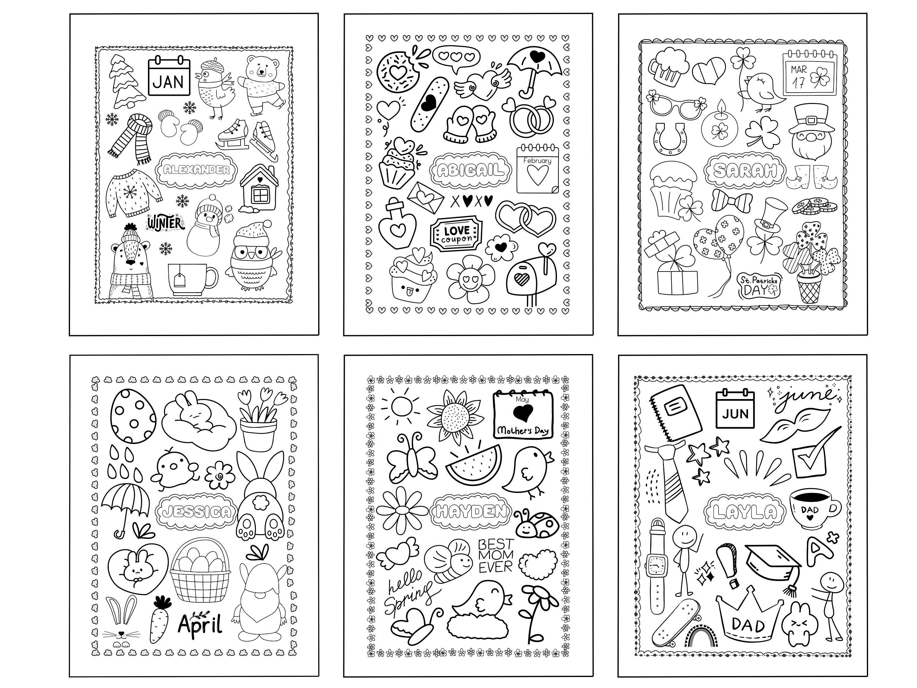 Personalized Monthly Doodles Coloring Pages: Custom Name (PDF) - Etsy