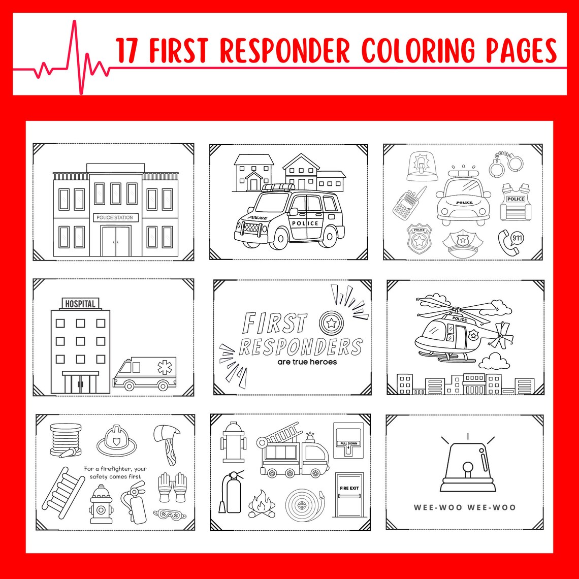 First Responder Coloring Pages Set, Police Car, Ambulance, Fire Truck ...