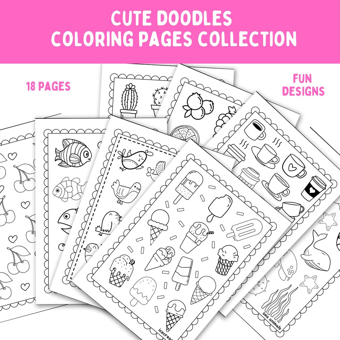 18 Cute Doodles Coloring Pages Collection With Icecream, Fruit, Fish ...