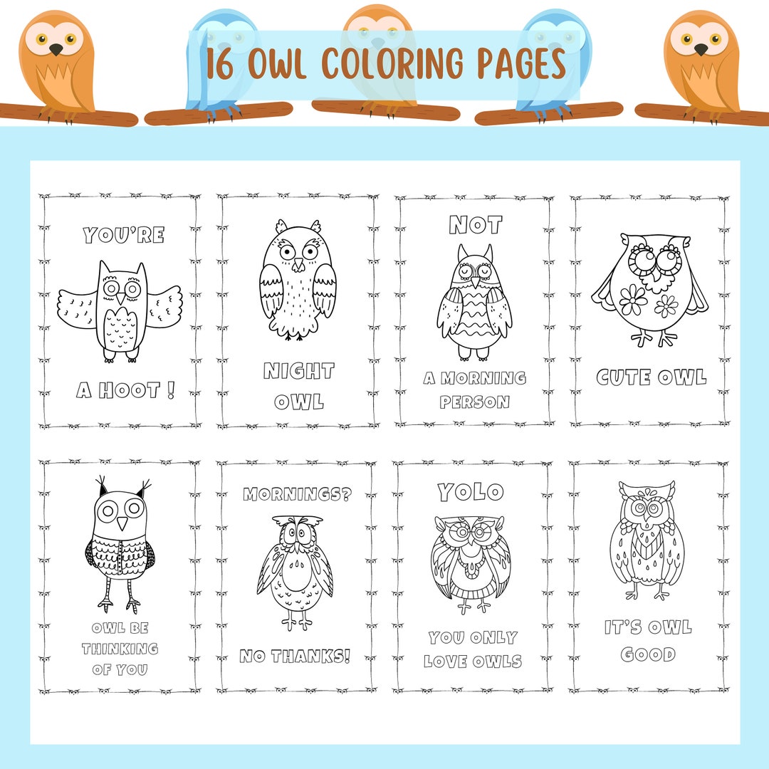 Owl Coloring Pages Bundle, Cute Bird Coloring Book, 16 Kids Coloring ...