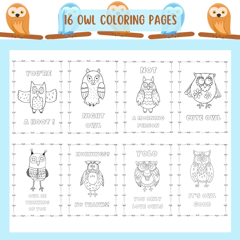 Owl Coloring Pages Bundle, Cute Bird Coloring Book, 16 Kids Coloring ...