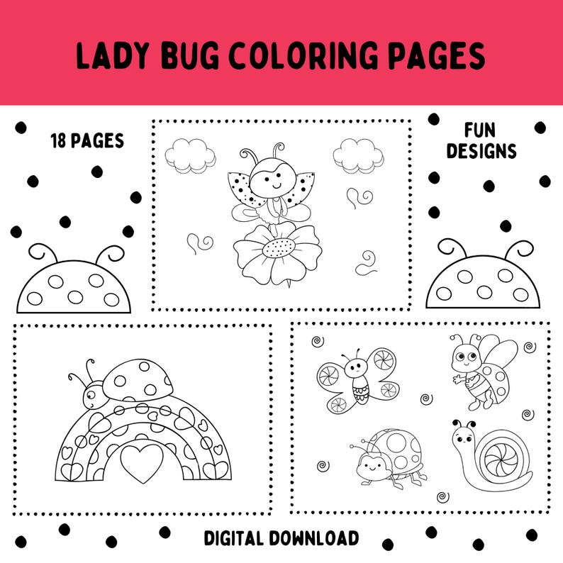 Ladybug Coloring Pages for Girls and Boys, 18 Printable Color Pages for ...