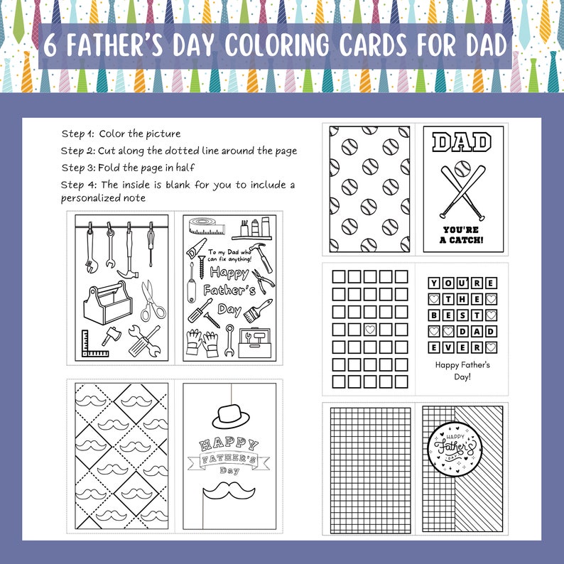 Printable Father's Day Coloring Cards: 6 DIY Gifts for Dad (instant ...
