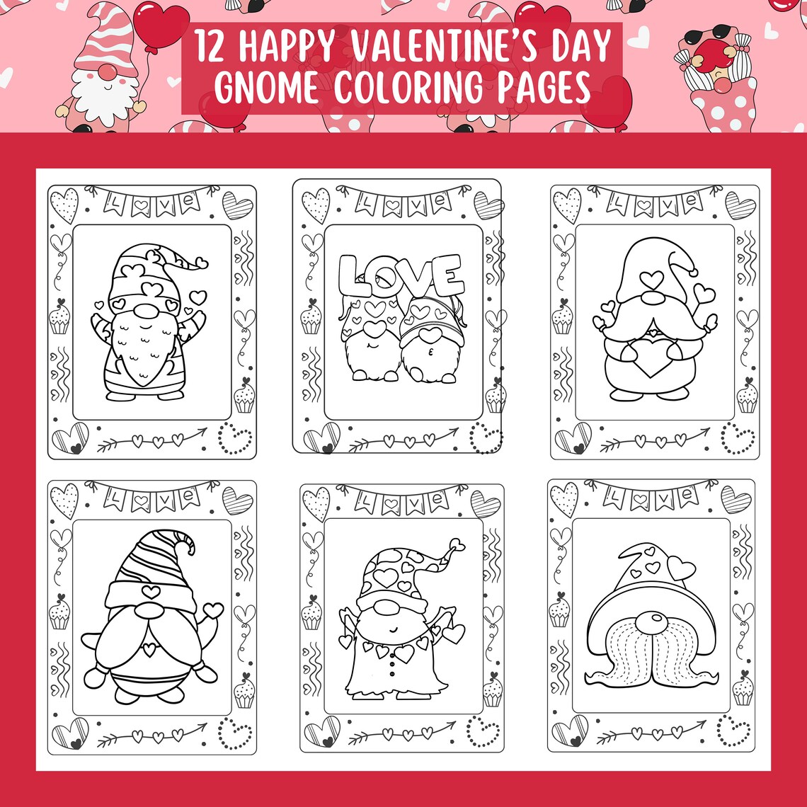 Valentine's Day Gnome Coloring Pages for Girls and Boys, 12 Printable ...