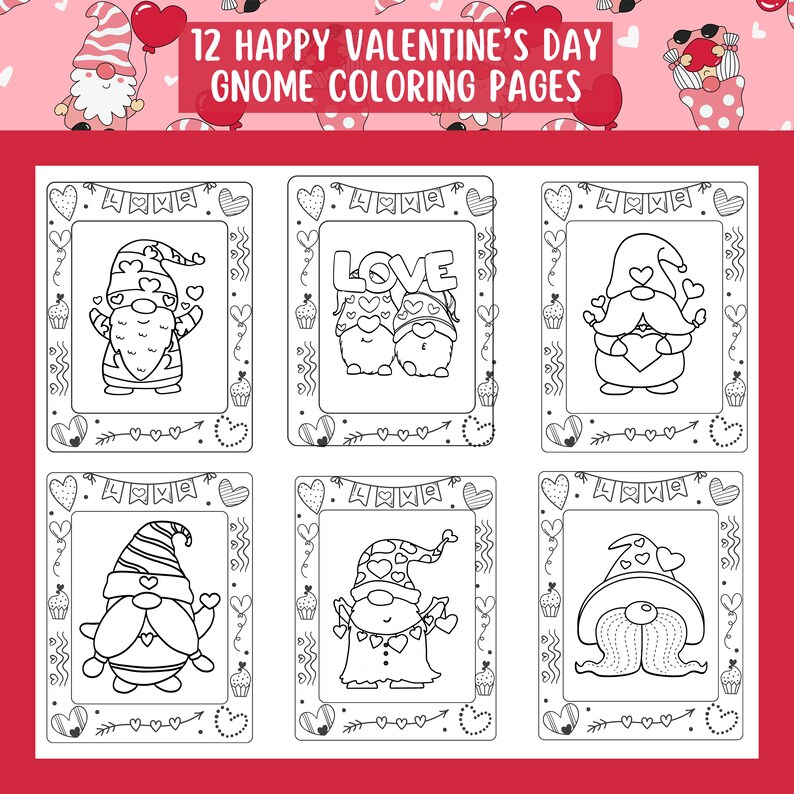 Valentine's Day Gnome Coloring Pages for Girls and Boys, 12 Printable ...