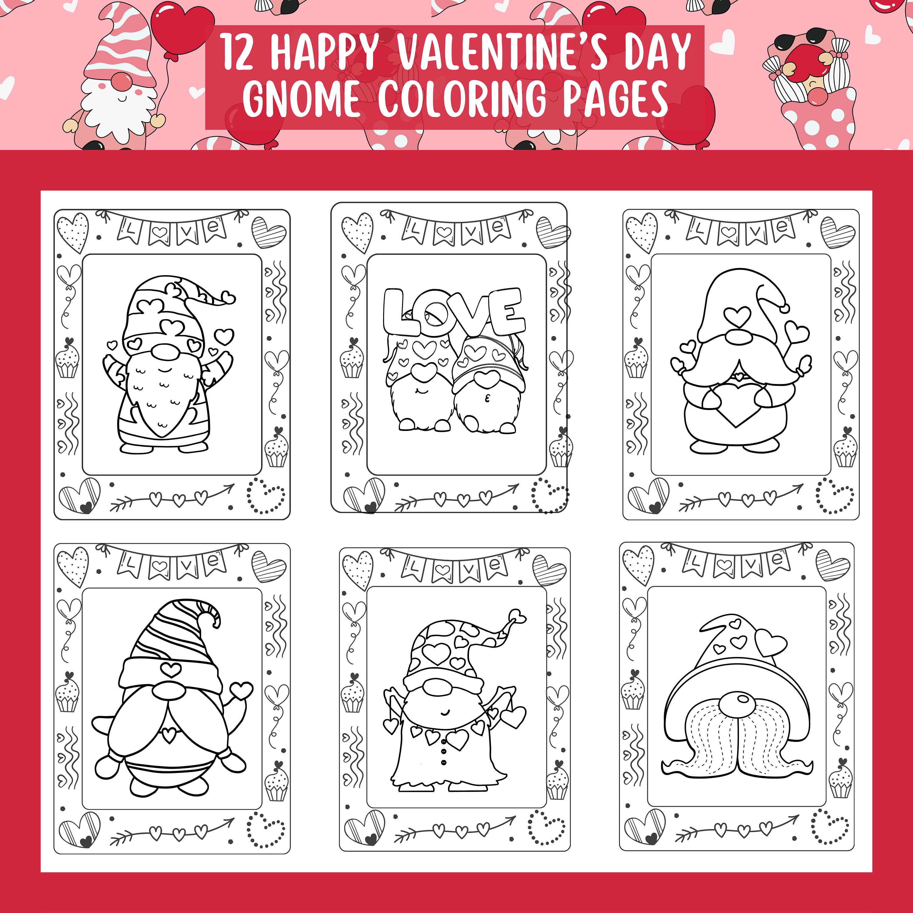 Valentine's Day Gnome Coloring Pages for Girls and Boys, 12 Printable ...
