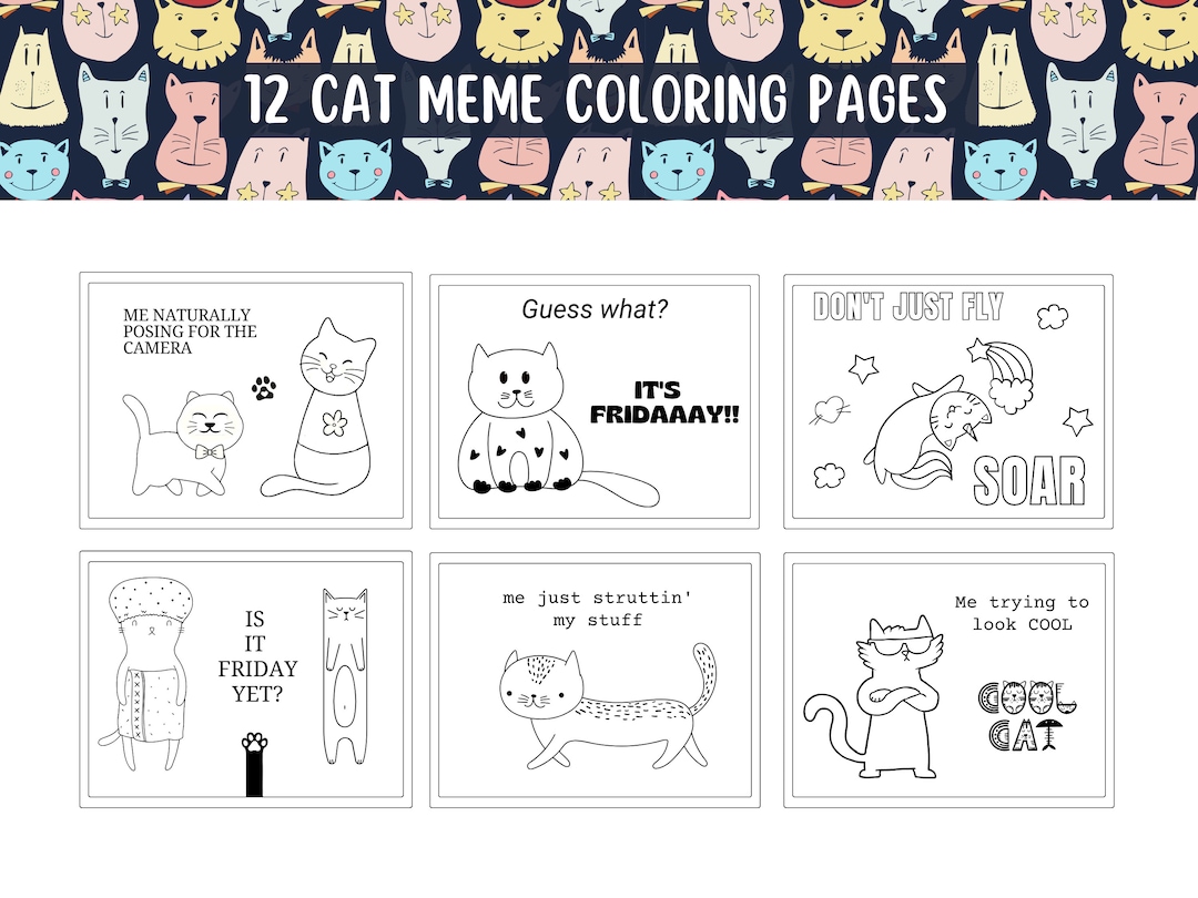 Cat Memes Coloring Pages for Girls and Boys, 12 Printable Color Sheets ...