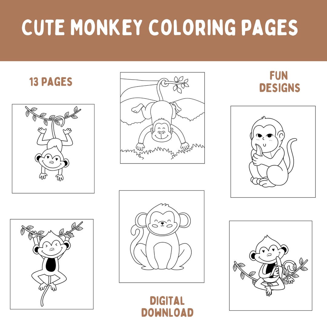 Printable Monkey Coloring Pages Bundle, 13 Cute Color Pictures, Digital ...