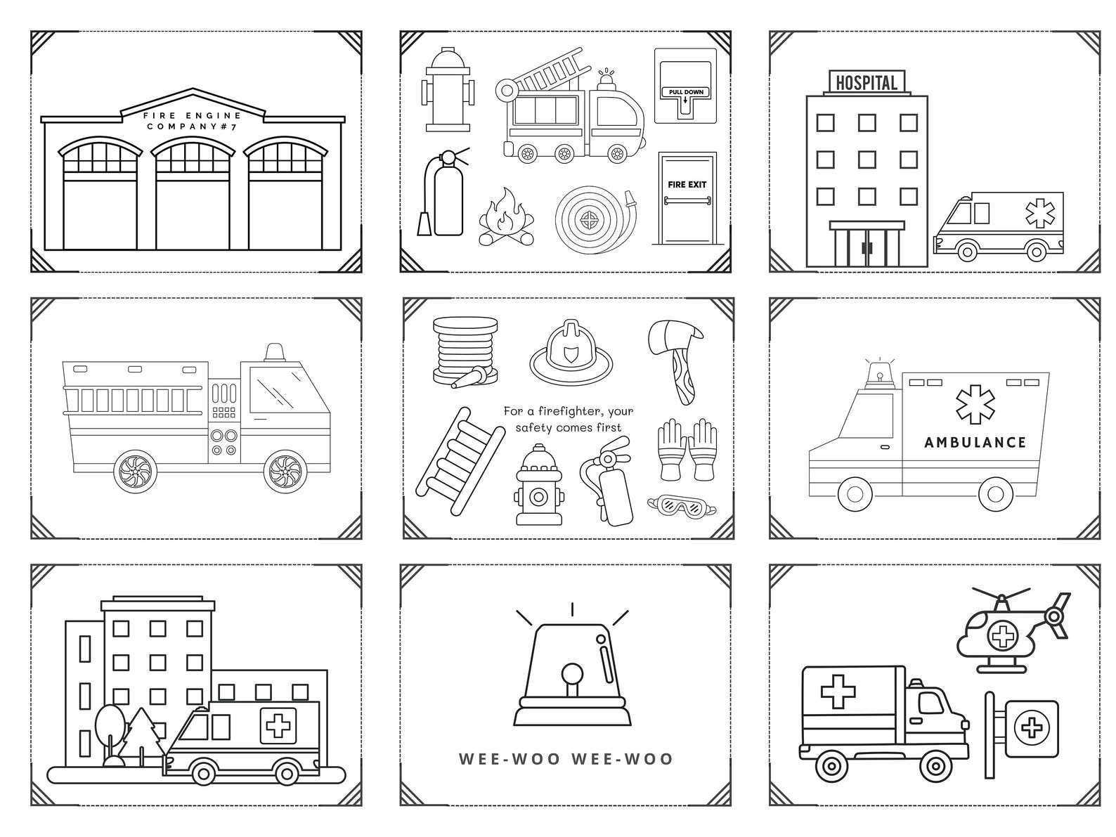 First Responder Coloring Pages Set, Police Car, Ambulance, Fire Truck ...