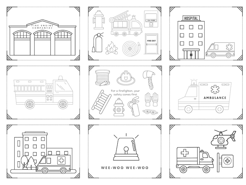 First Responder Coloring Pages Set, Police Car, Ambulance, Fire Truck ...