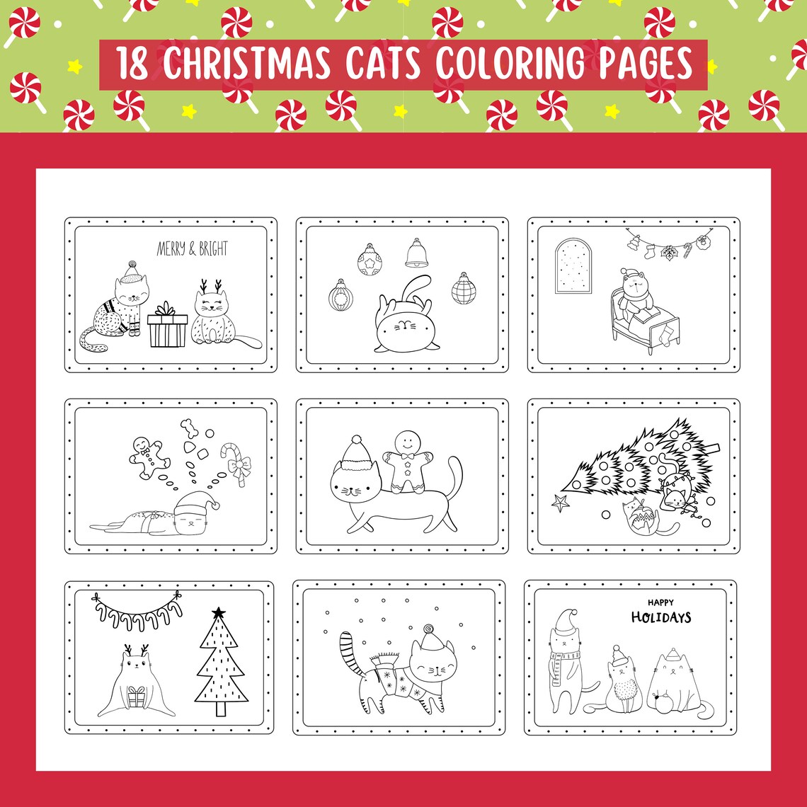 Christmas Cats Coloring Pages for Girls and Boys, 18 Printable Color ...