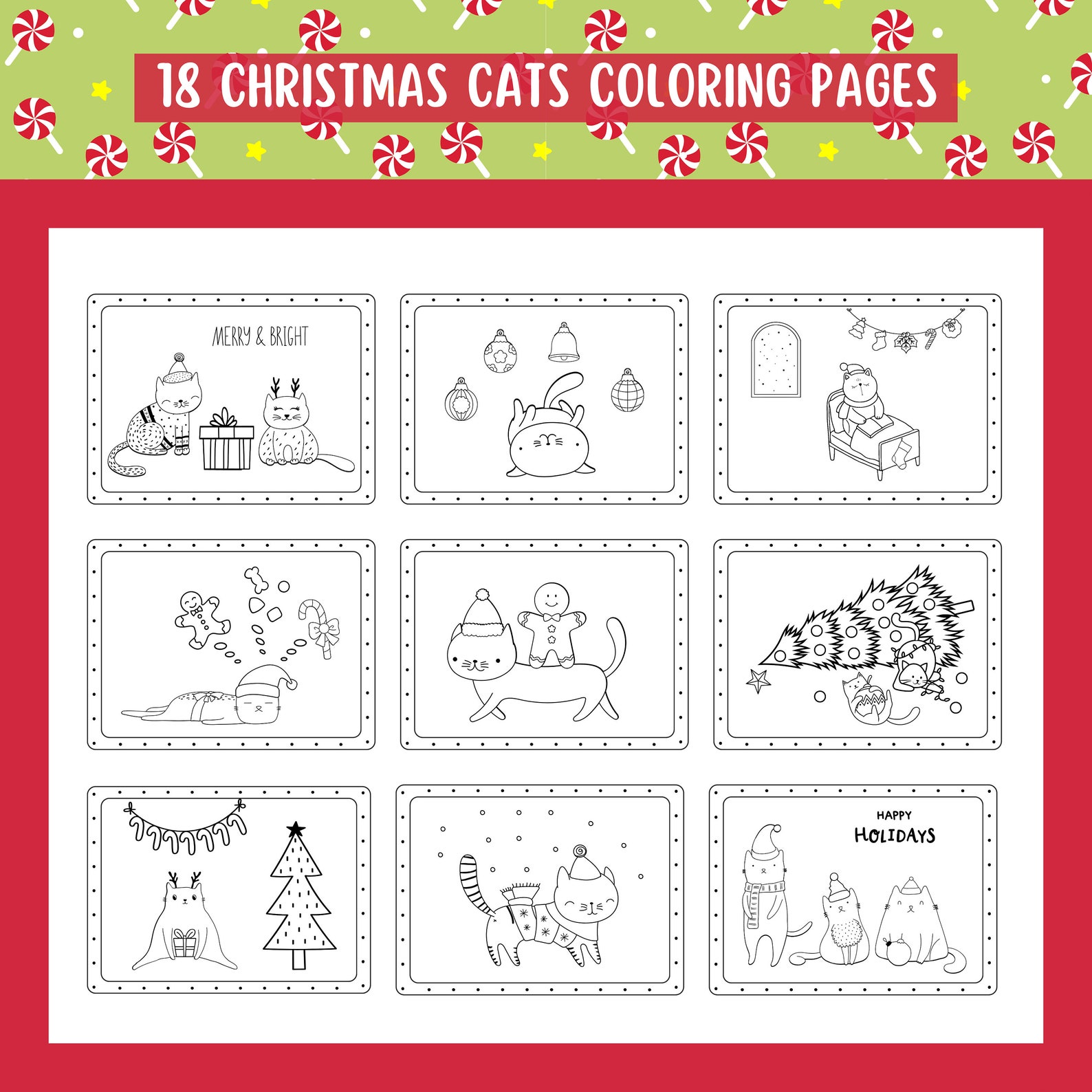 Christmas Cats Coloring Pages for Girls and Boys, 18 Printable Color ...