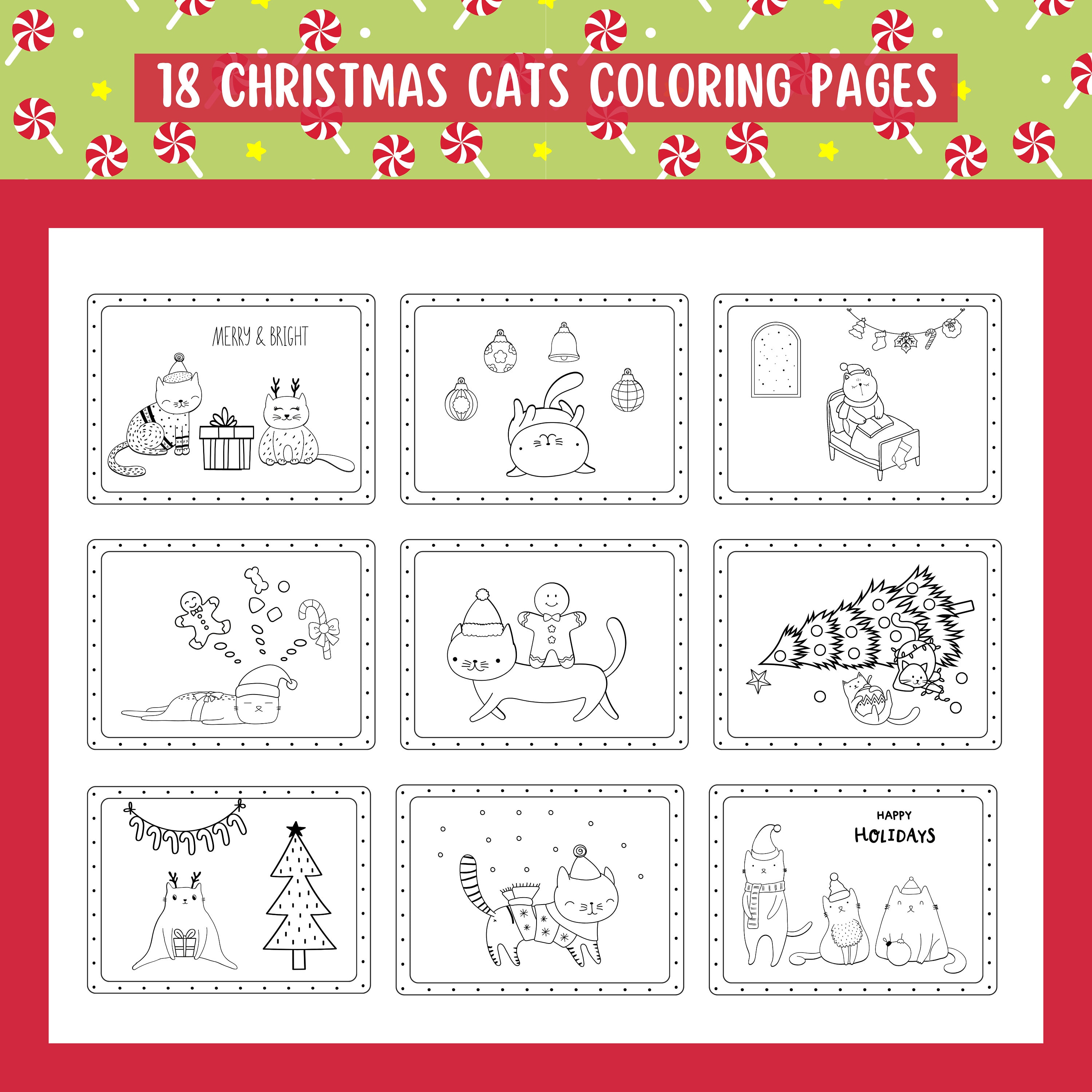 Christmas Cats Coloring Pages for Girls and Boys, 18 Printable Color ...