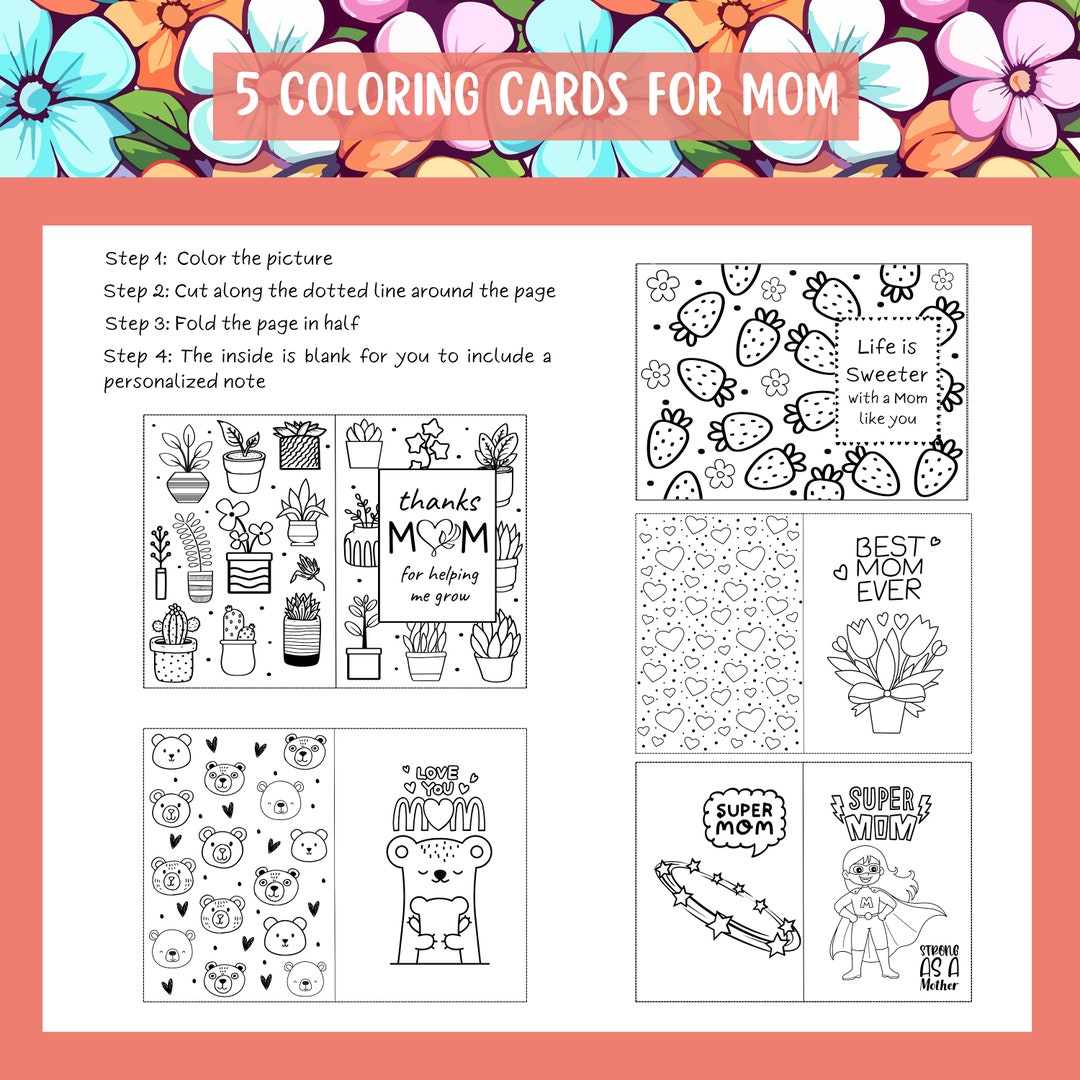 Cartes à colorier pour la fête des mères : 5 cartes de voeux ...
