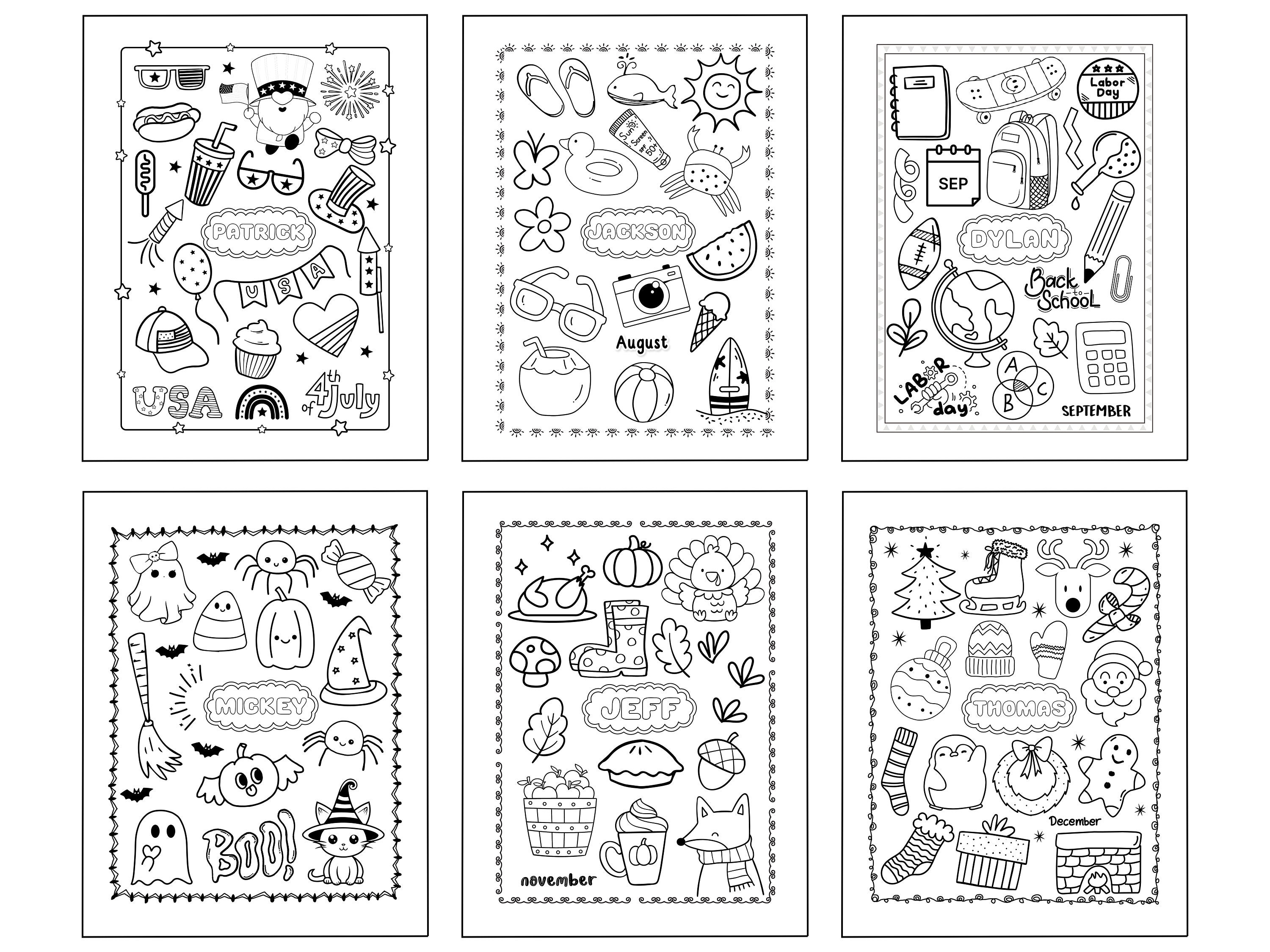 Personalized Monthly Doodles Coloring Pages: Custom Name (PDF) - Etsy