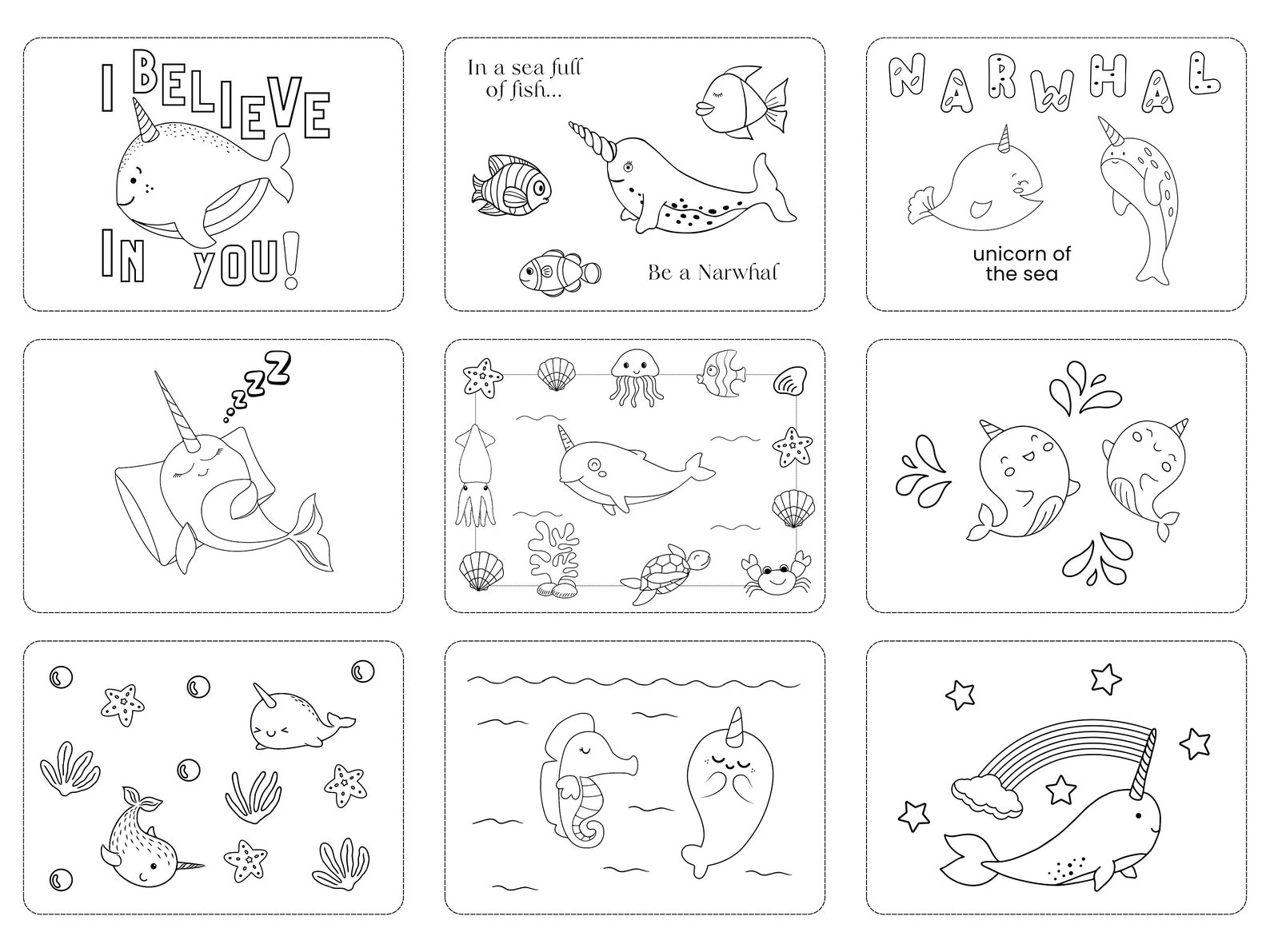 Narwhal Unicorn of the Sea Coloring Pages, 18 Cute Printable Color ...
