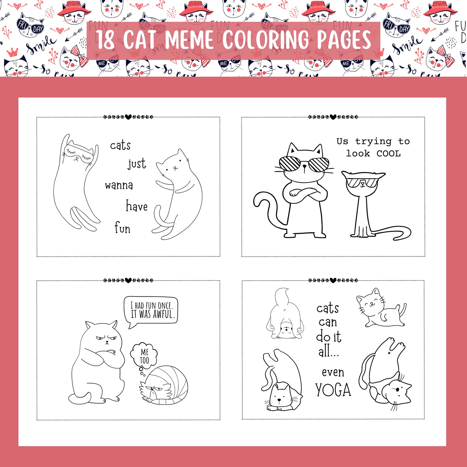 Cat Memes Coloring Pages for Girls and Boys, 18 Printable Color Sheets ...