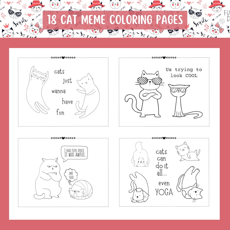 Cat Memes Coloring Pages for Girls and Boys, 18 Printable Color Sheets ...