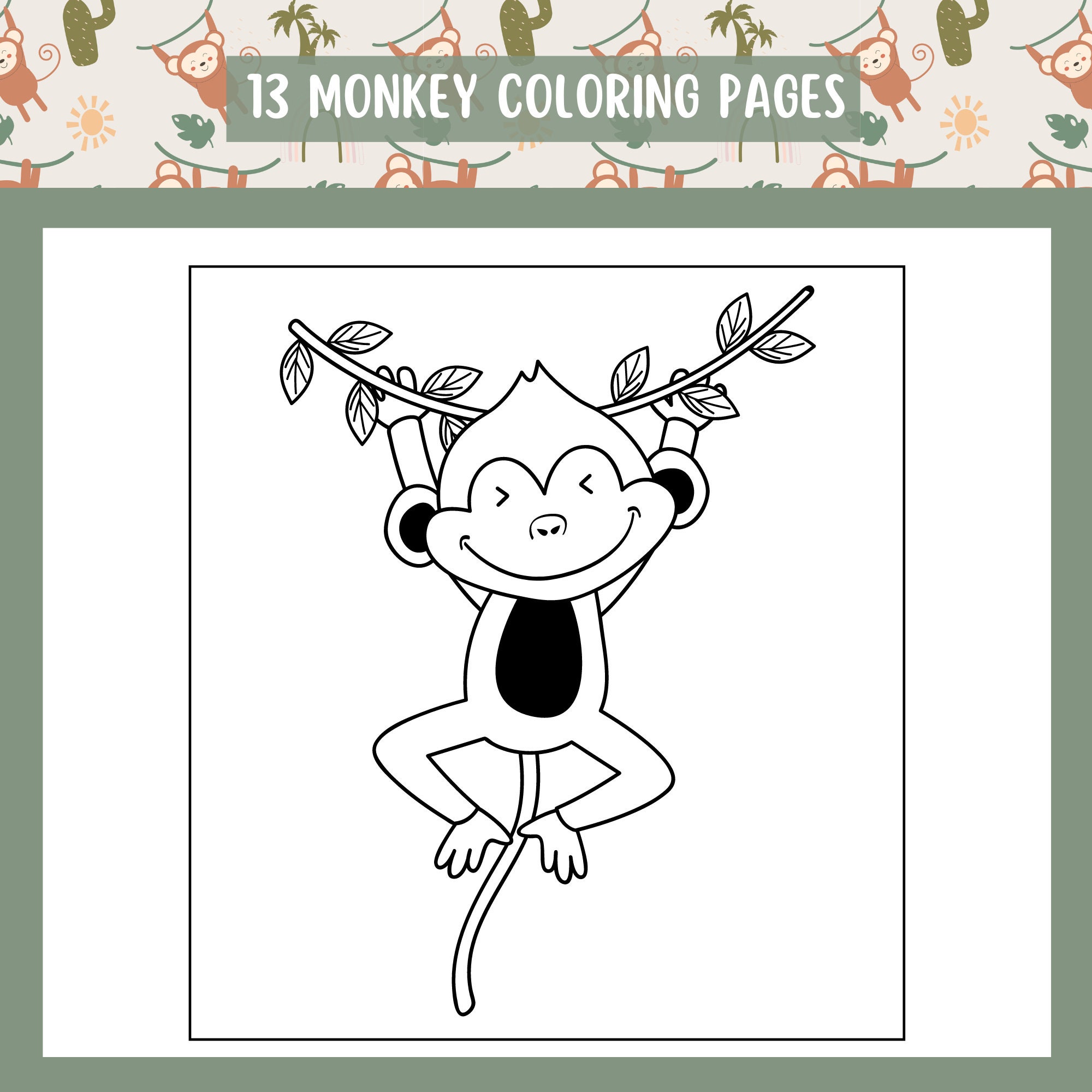 Printable Monkey Coloring Pages Bundle, 13 Cute Color Pictures, Digital ...