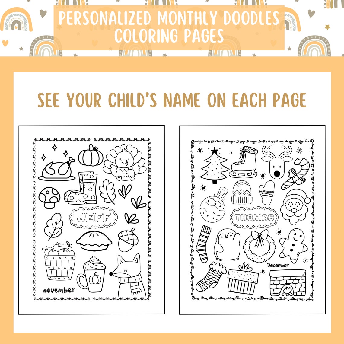 Personalized Monthly Doodles Coloring Pages: Custom Name (PDF) - Etsy