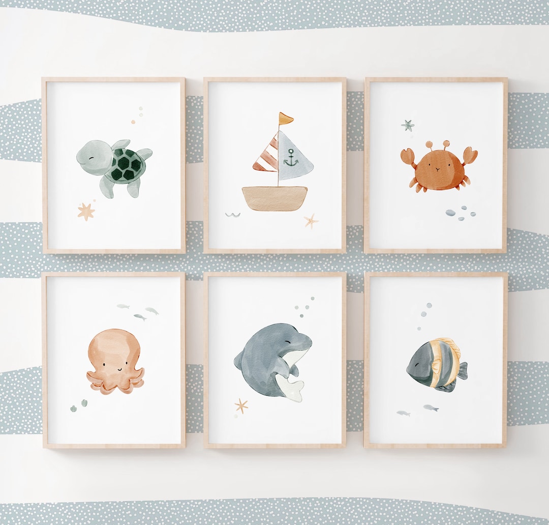 Set of 6 Marine Theme Posters for Children's Room, Ocean Style Baby ...