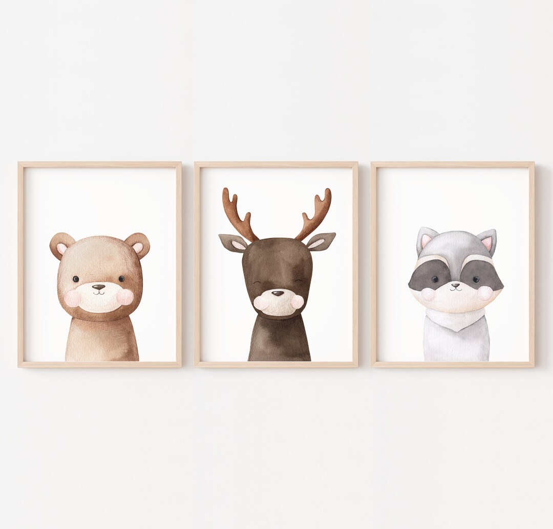Forest Animal Posters for Children's Room, Bear, Deer and Raccoon ...