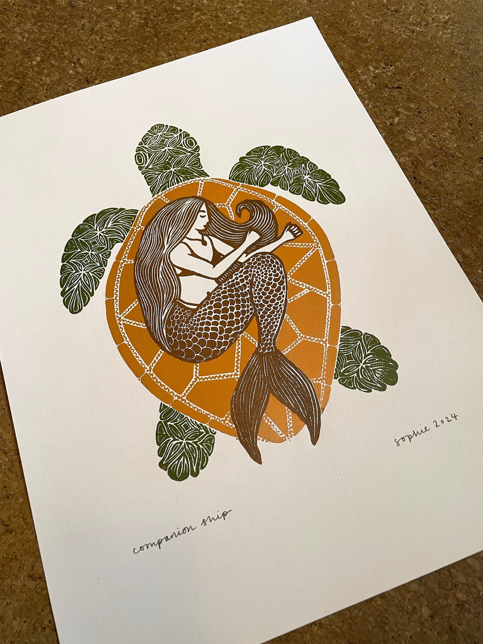Mermaid and Turtle 'companion Ship' Linocut Print in Three Colours on ...